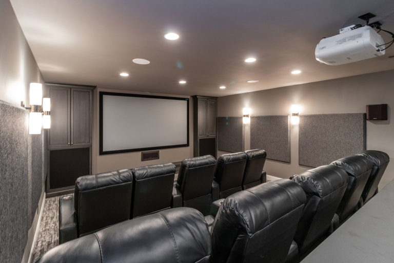 Media Room with Tiered Theater Seating and Full Wet BarPure Audio ...